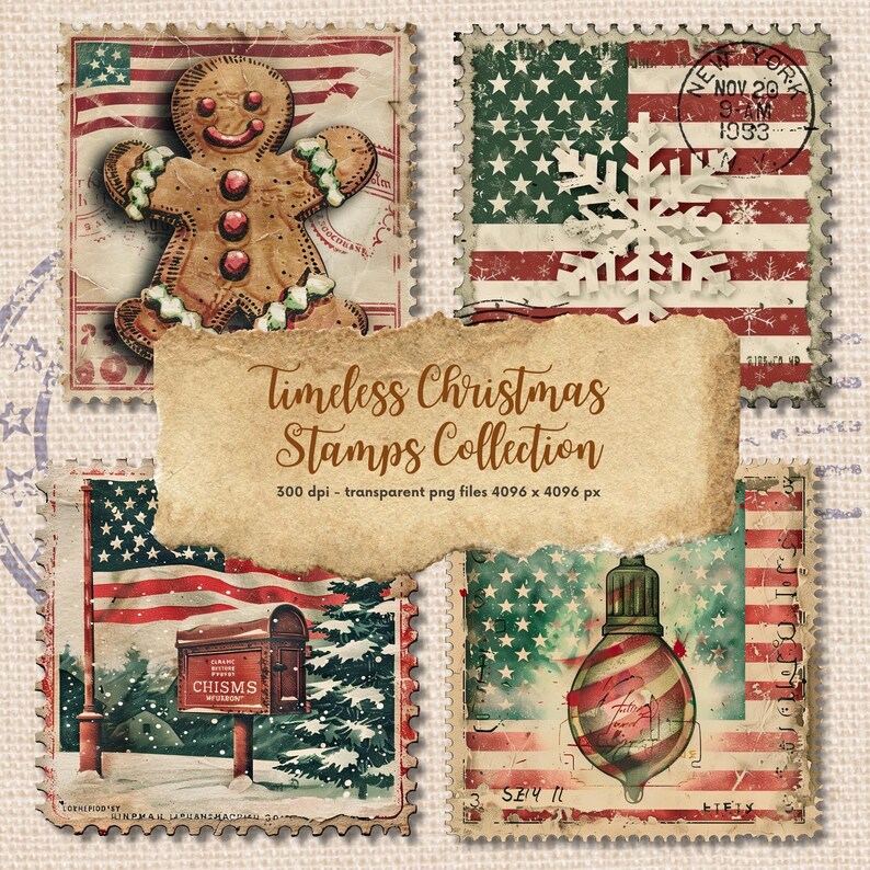 Vintage Christmas Stamp and Postage Clipart Bundle |34 Pngs for Junk ...