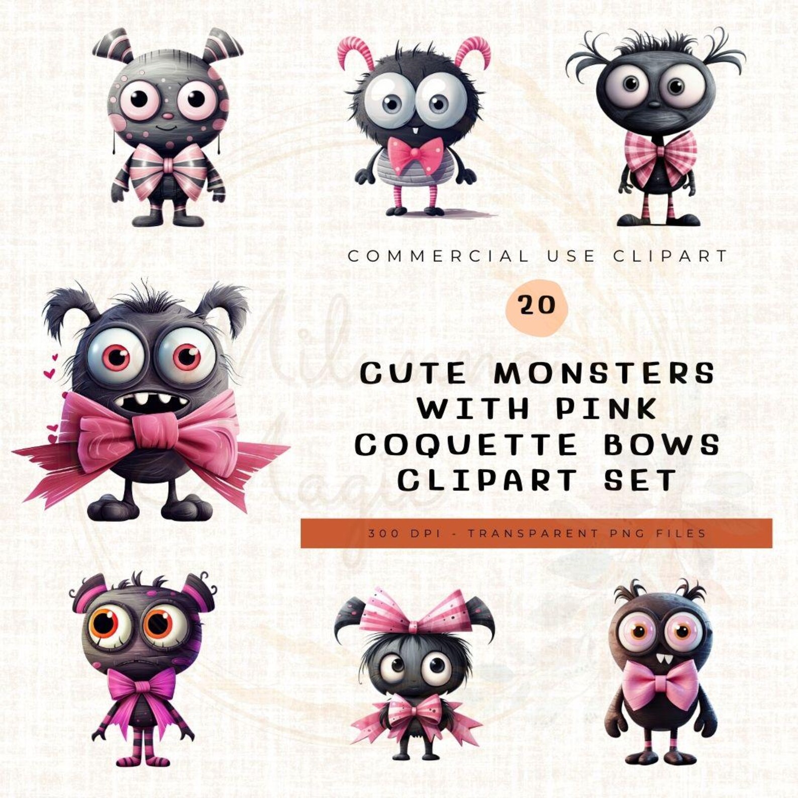 Cute Monster Clipart With Pink Coquette Bow | 20 Whimsical Monster Pngs ...