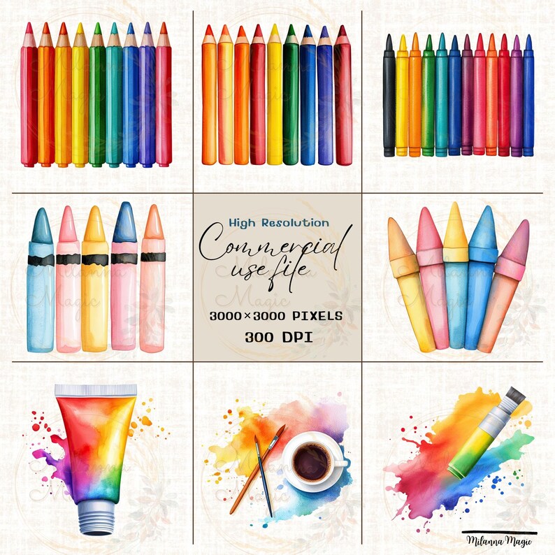 Watercolor Art Supplies Clipart Set | School Clipart Png Bundle ...
