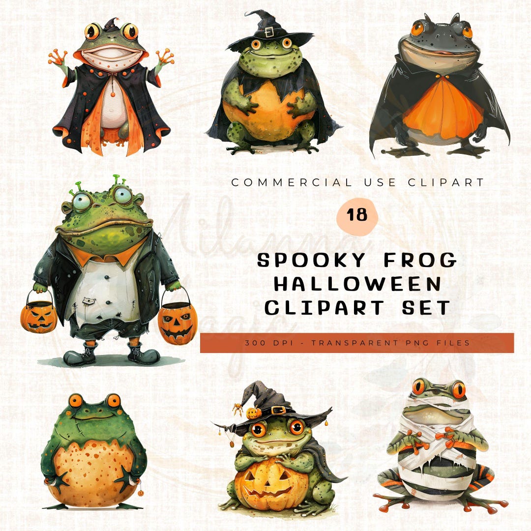 Halloween Frog Clipart Set | 18 Whimsical Frogs in Costumes PNG | Fall ...