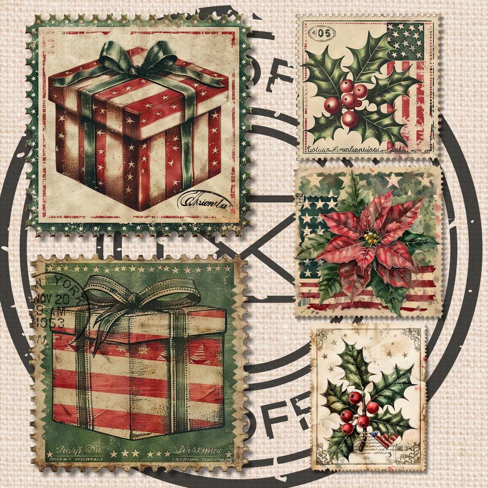 Vintage Christmas Stamp and Postage Clipart Bundle |34 Pngs for Junk ...