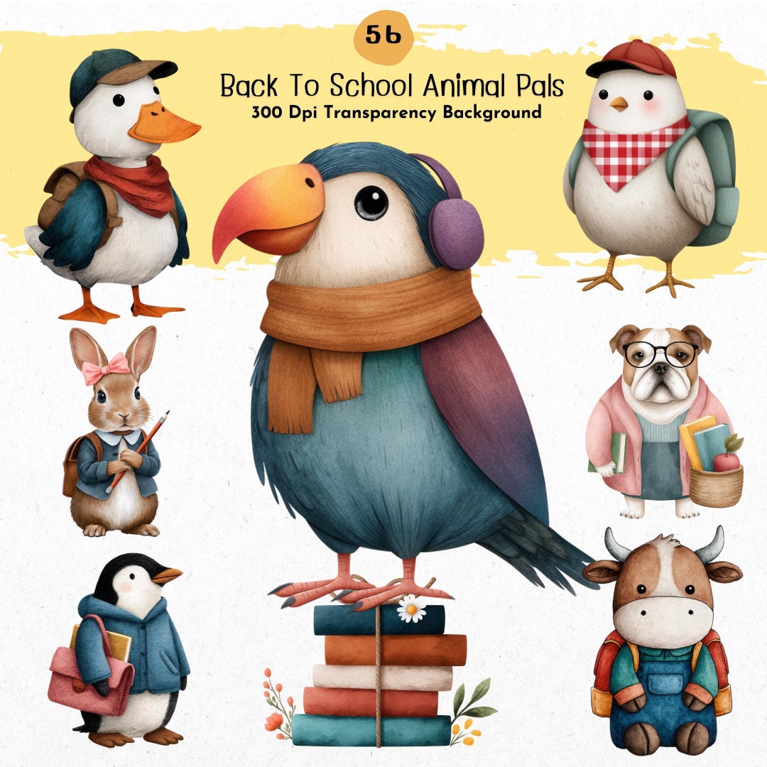 Back to School Animal Pals Clipart – Cute Watercolor Animals and School ...