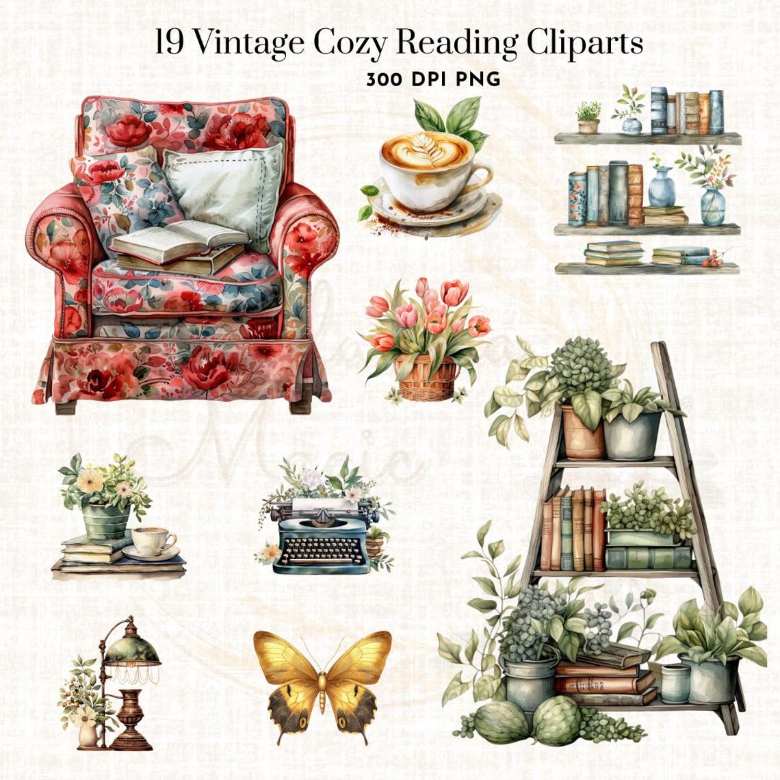 Vintage Cozy Reading Clipart | Retro Style PNG Files | Comfy Book Lover ...