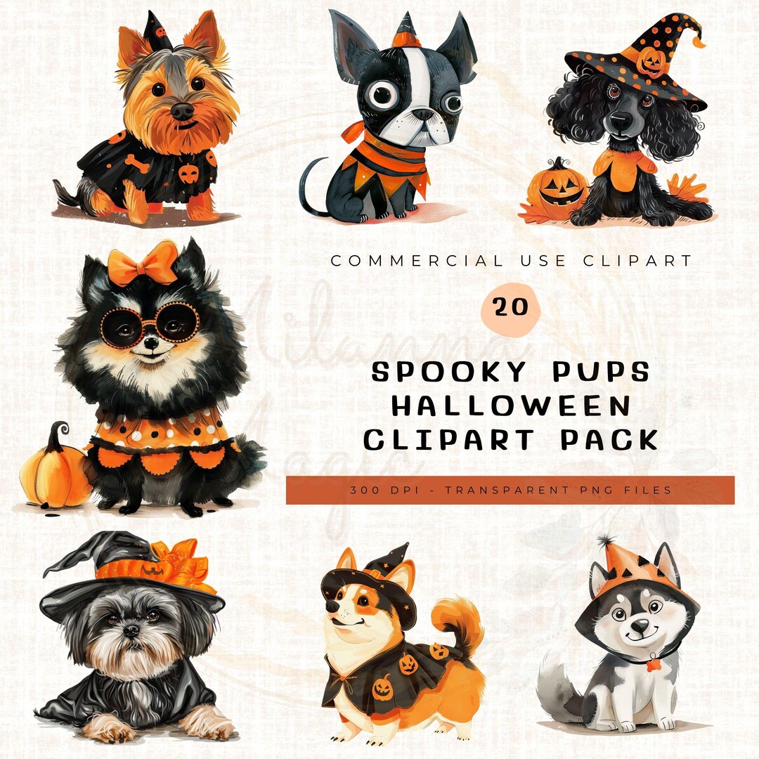 Halloween Dog Clipart Set | 20 Whimsical Dogs in Costumes PNG | Cute ...