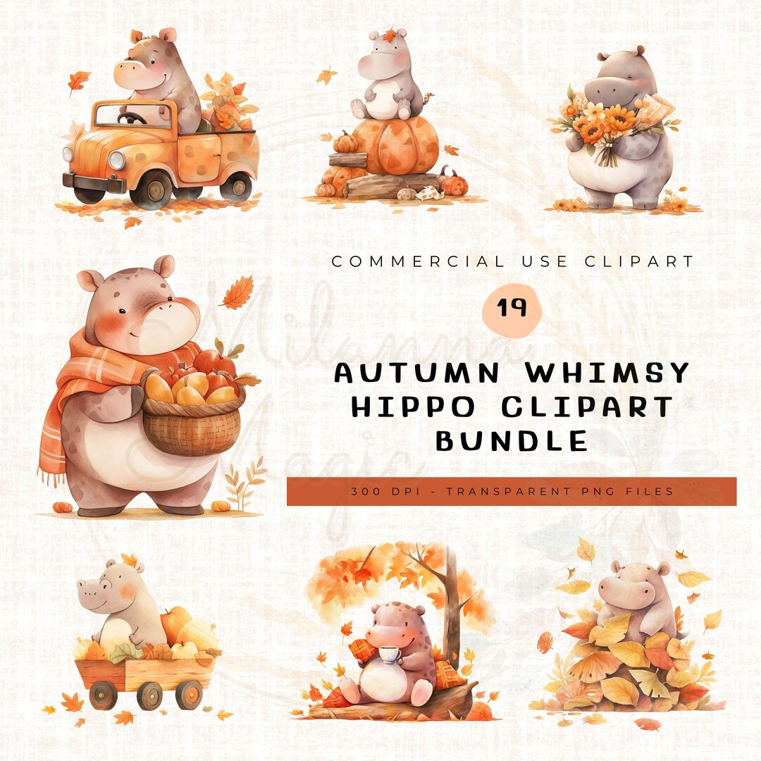 Fall Hippo Watercolor Clipart | 19 Autumn Hippos PNG | Woodland Animal ...