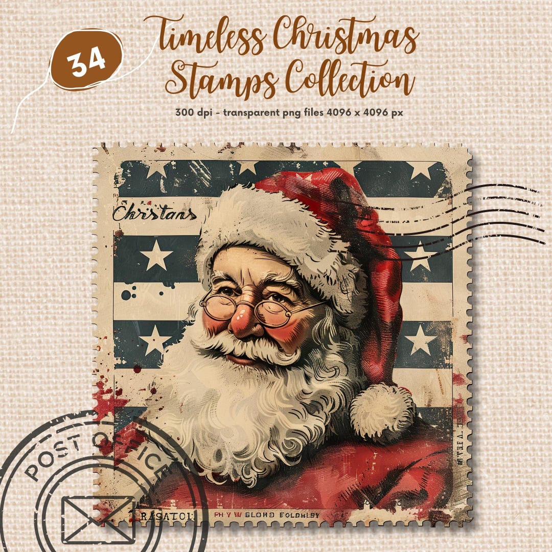Vintage Christmas Stamp and Postage Clipart Bundle |34 Pngs for Junk ...