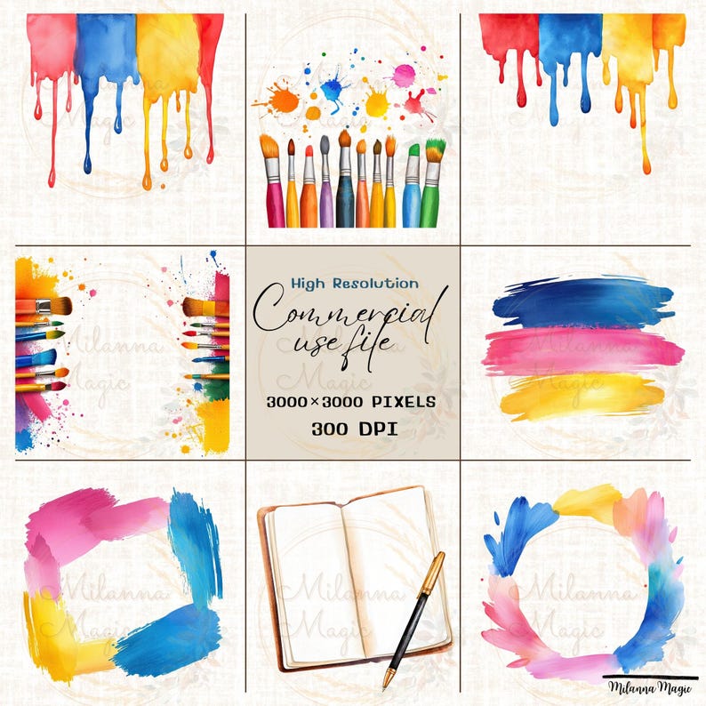 Watercolor Art Supplies Clipart Set | School Clipart Png Bundle ...