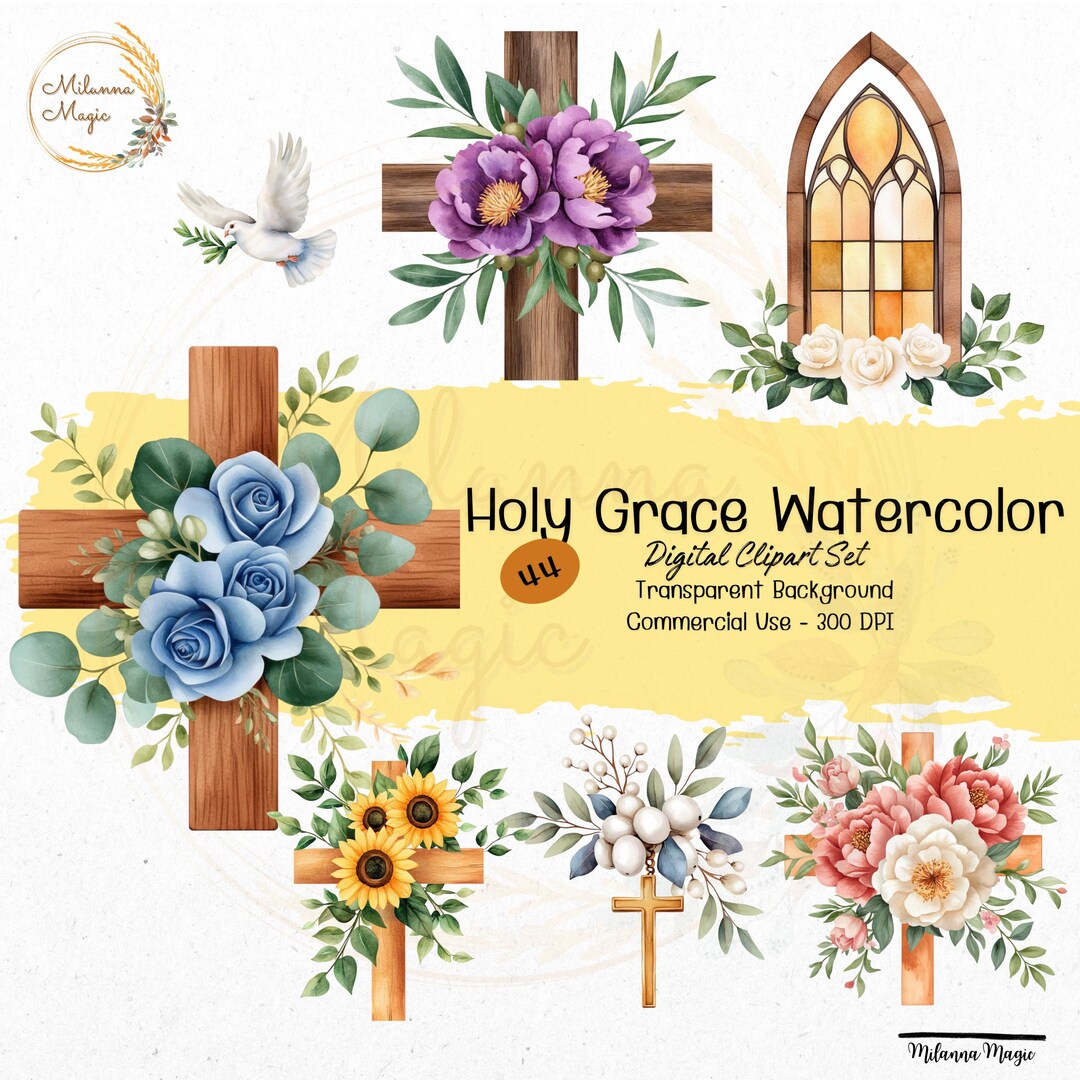 Watercolor Floral Cross & Church Clipart | Christianity Bible Graphics ...