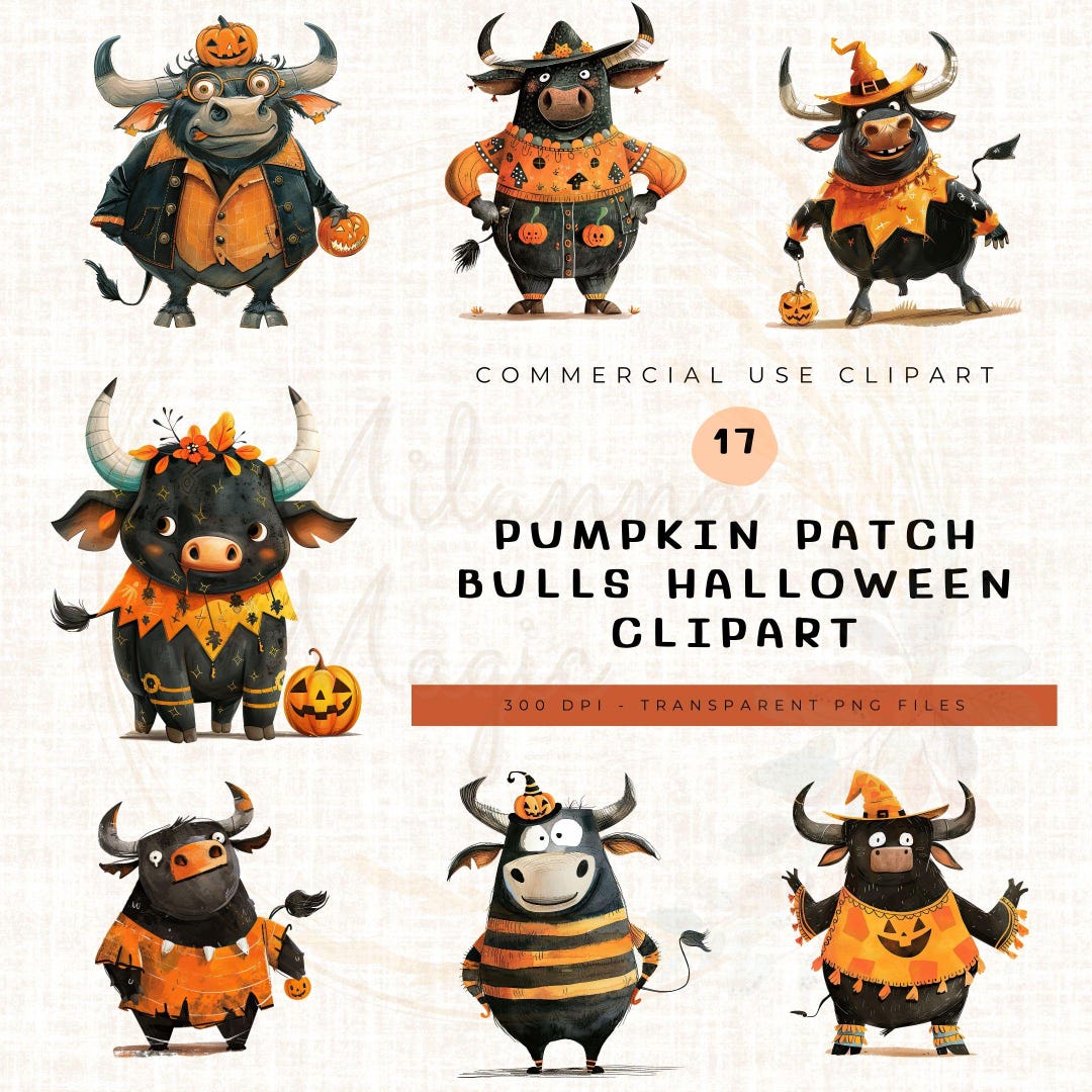 Halloween Bull Clipart Set | 17 Cute Bulls in Costumes PNG | Whimsical ...