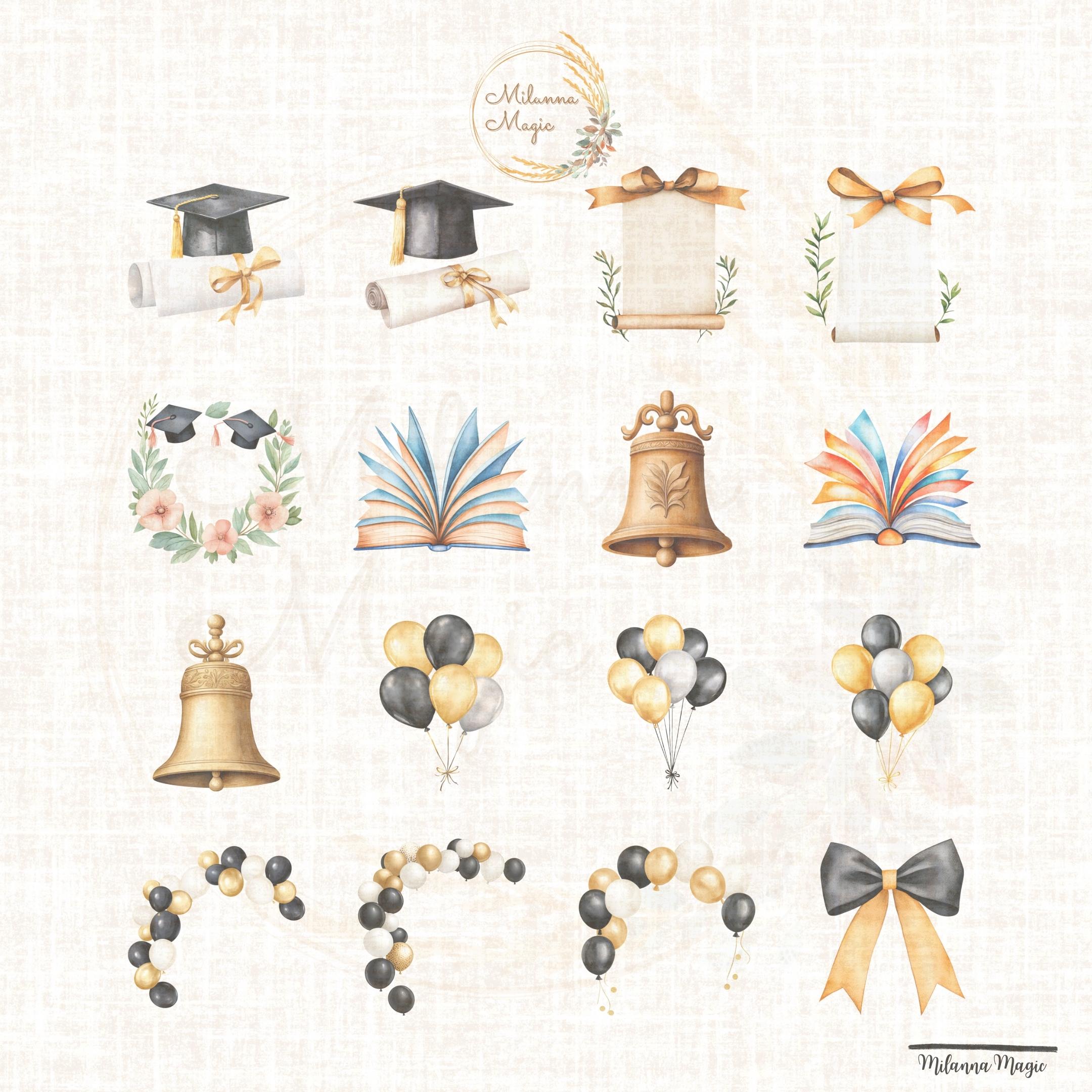 Graduation Clipart Set | Watercolor Graduation Pngs, Schoolmate Clipart ...