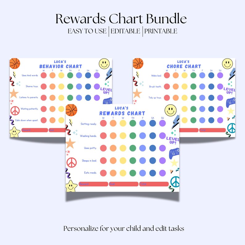 Editable Rewards Chart L Retro 90's Boy Rewards Charts L Chore Chart L ...
