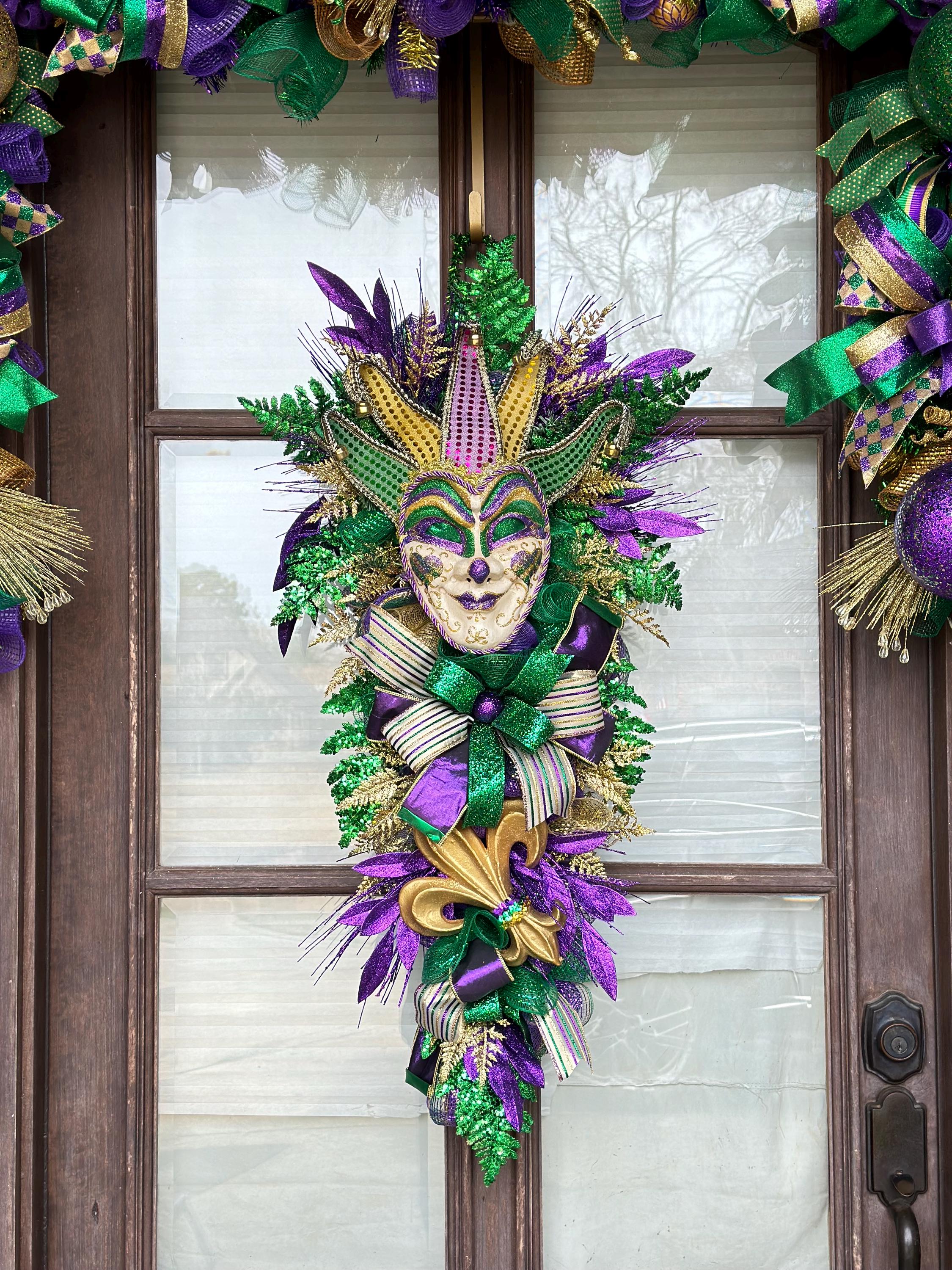 Mardi Gras Jester Swag – Glamorous Handmade Door Decor in Purple, Green ...