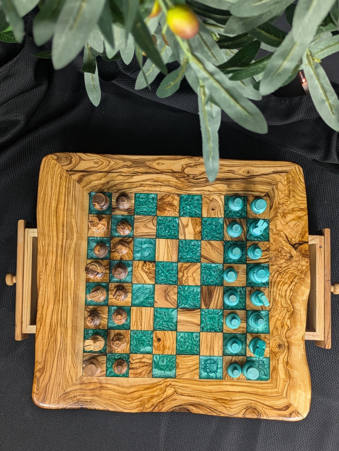 Handcrafted 14-inch Olive Wood & Green Epoxy Resin Chess Set – Unique ...
