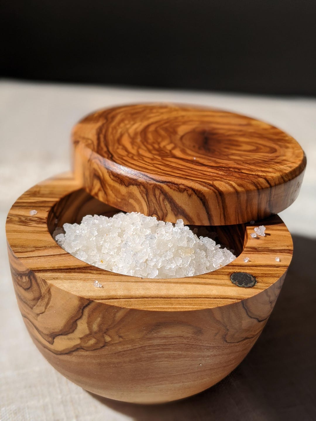 Hand-carved Olive Wood Salt Cellar With Magnetic Hinged Top + Custom ...