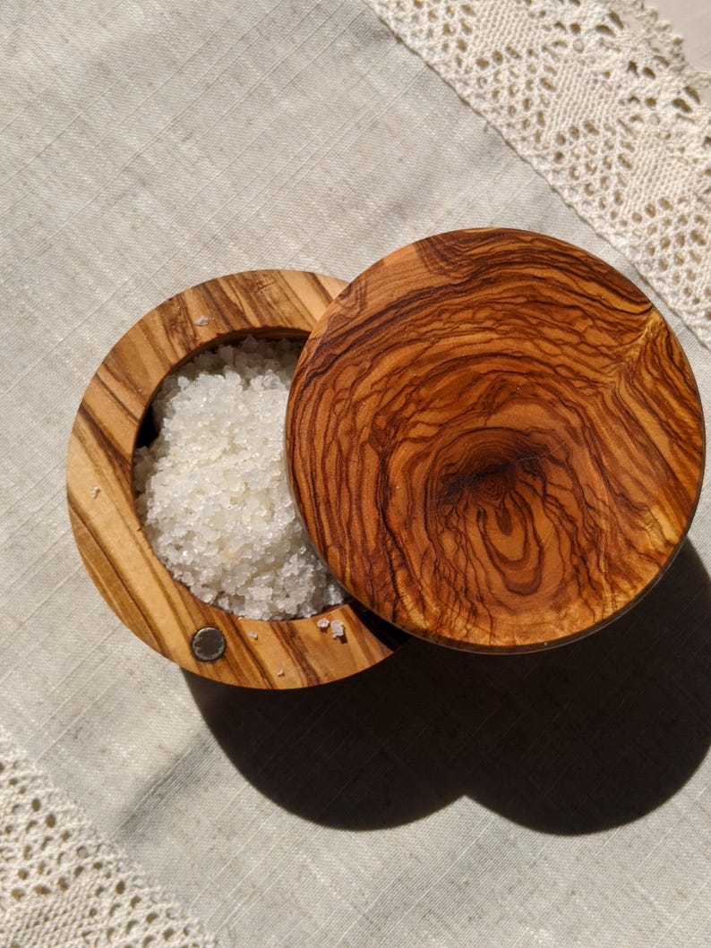 Hand-carved Olive Wood Salt Cellar With Magnetic Hinged Top + Custom ...