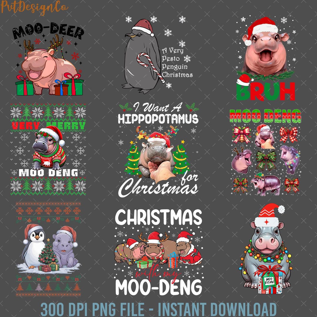 Moo Deng Christmas Png Bundle, Moo Deng Bootleg PNG, Baby Hippo Png ...