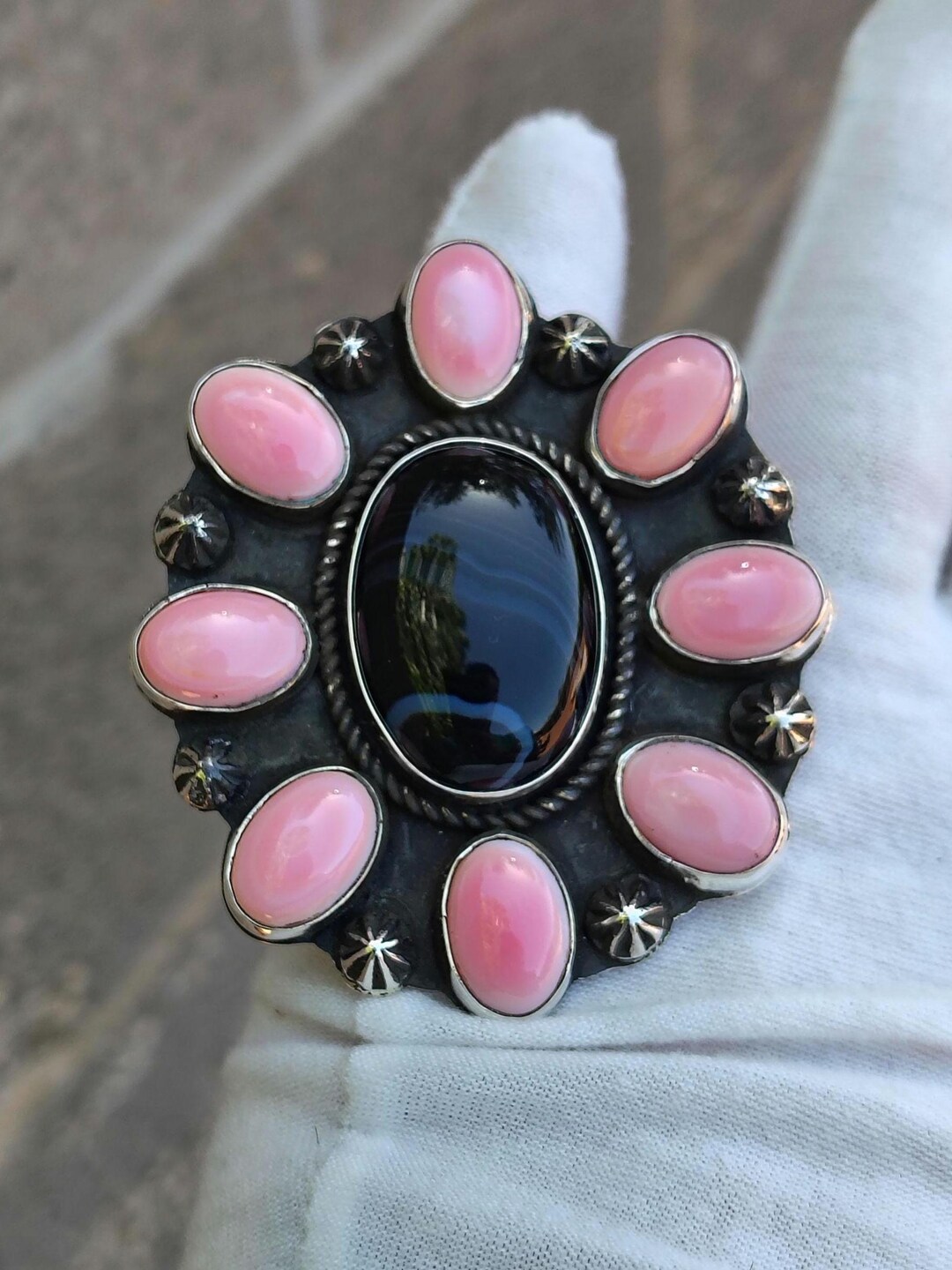 Black Onyx and Pink Conch Sterling Silver Statement Ring: Handmade ...