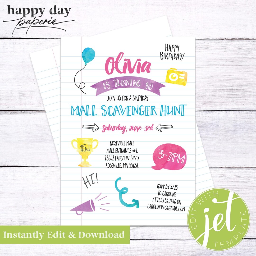 Scavenger Hunt Birthday Invitation | Girls Mall Scavenger Hunt Invite ...