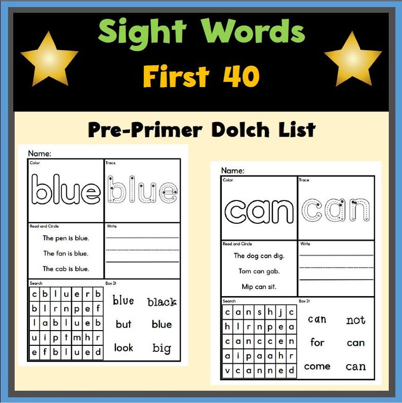 Sight Words Worksheets First 40 Pre-primer Dolch Preschool and ...