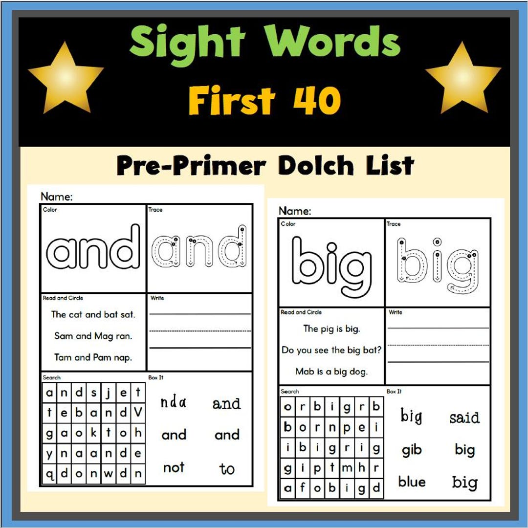 Sight Words Worksheets First 40 Pre-primer Dolch Preschool and ...