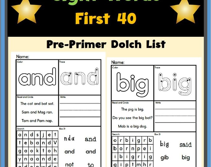 Sight Words Worksheets - First 40 Pre-primer Dolch Preschool and ...