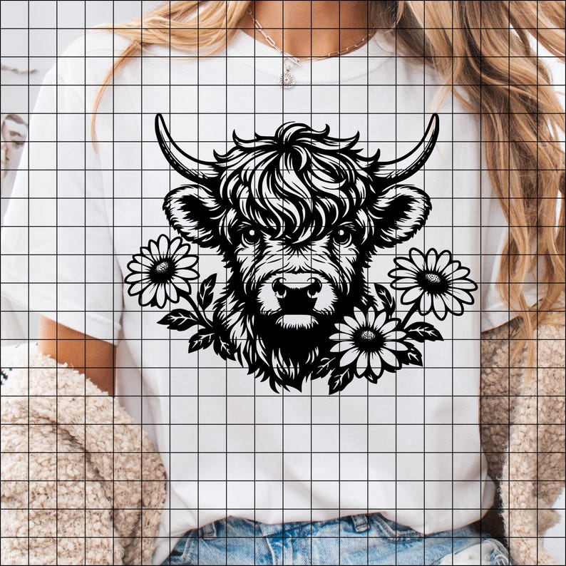Highland Cow SVG PNG DXF | Rustic Barn Farm Cow Daisy Floral Cut File ...