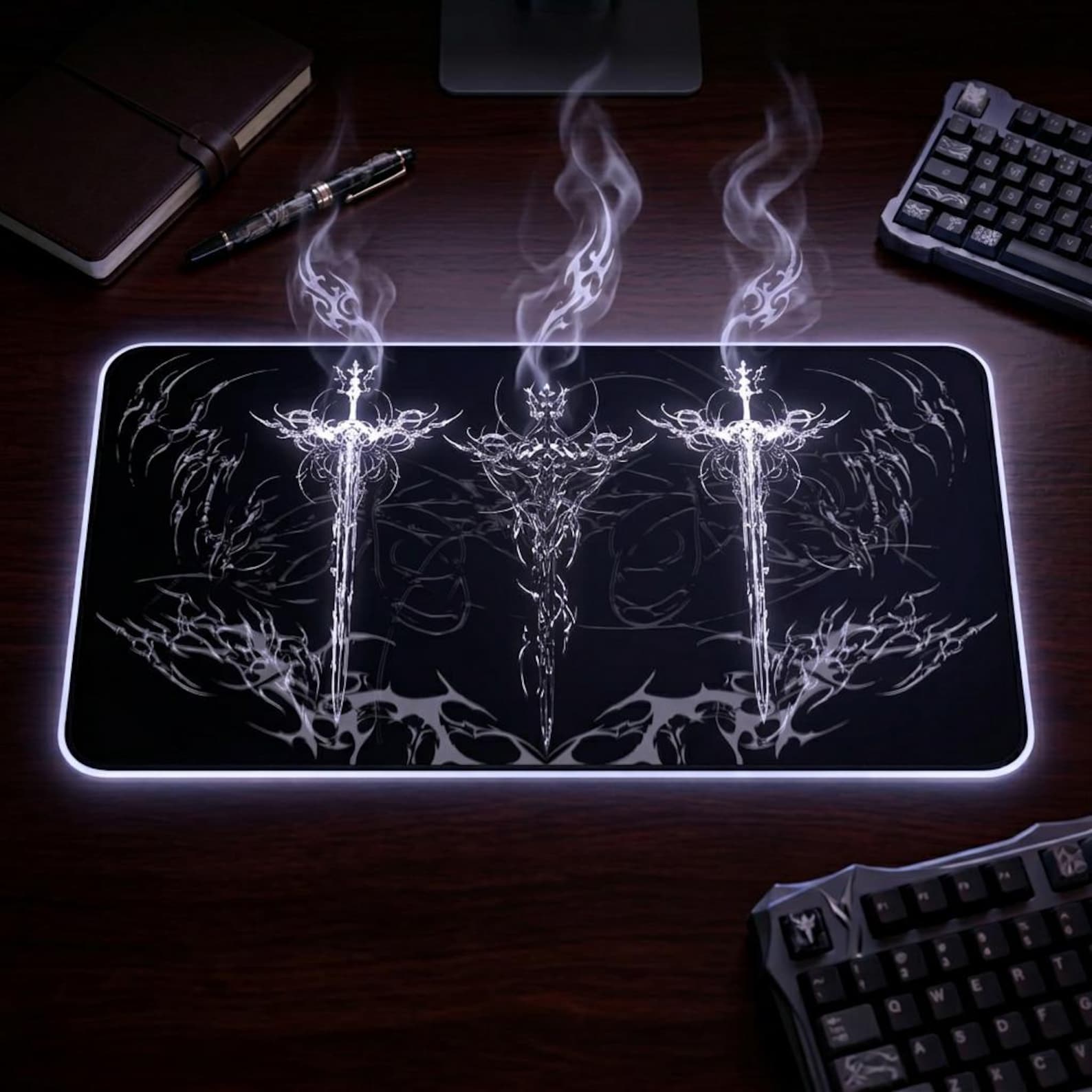 Cybersigilism Swords Desk Mat, Vibrating Background Gaming Mouse Pad ...