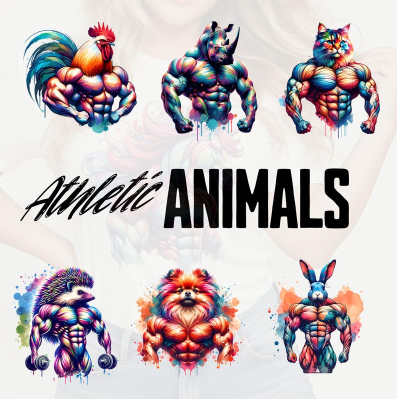 Athletic Muscle Animal Art Bundle: Gym Fitness PNG Clipart (digital ...