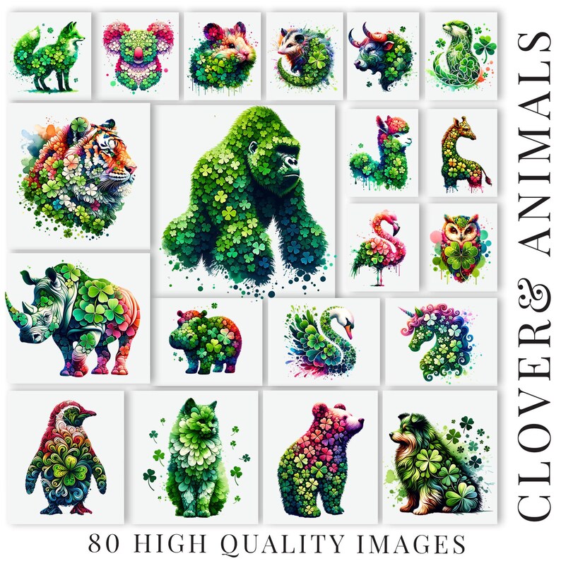 80 Wild Animal and Clover Art Bundle PNG, Vibrant Animal Art ...