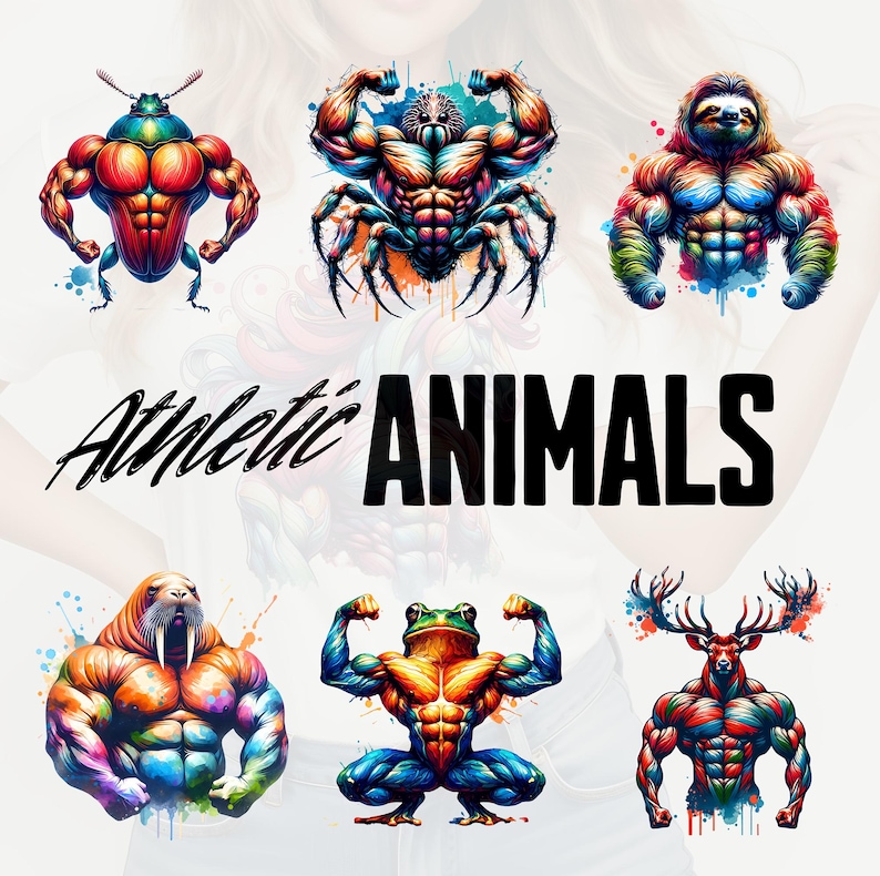 Athletic Muscle Animal Art Bundle: Gym Fitness PNG Clipart (digital ...