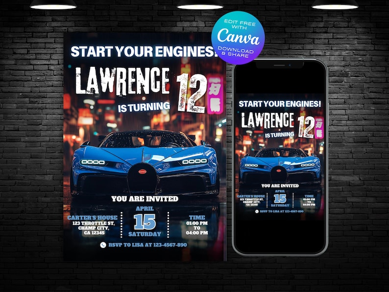 Editable Blue Sports Car Invitation, Bugatti Car Invitation, Bugatti ...