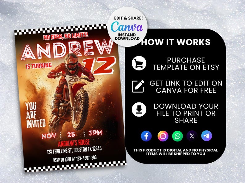 Editable Motorcross Birthday Invitation, Dirt Bike Birthday Invitation ...