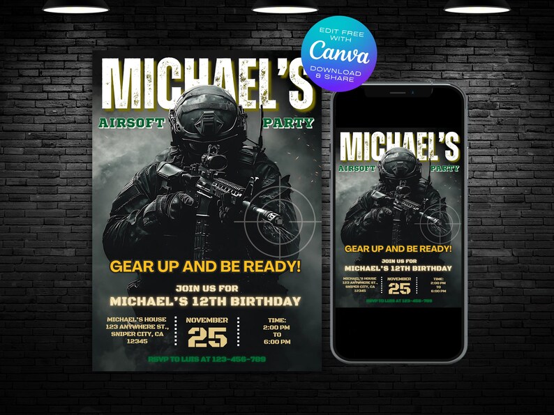 Editable Airsoft Birthday Invitation, Airsoft Party Invite, Boys ...