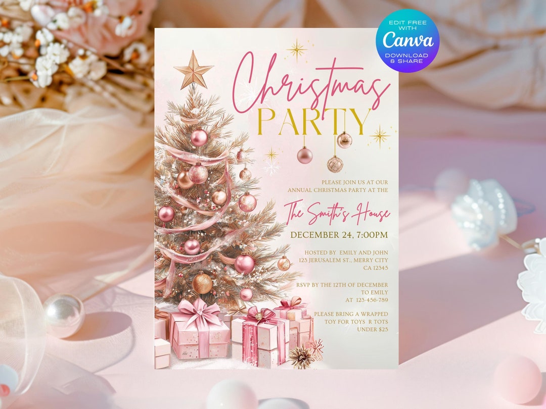 Editable Pink Christmas Party Invitation, Pink Christmas Invite, Girls ...
