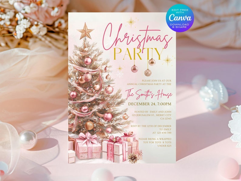 Editable Pink Christmas Party Invitation, Pink Christmas Invite, Girls ...