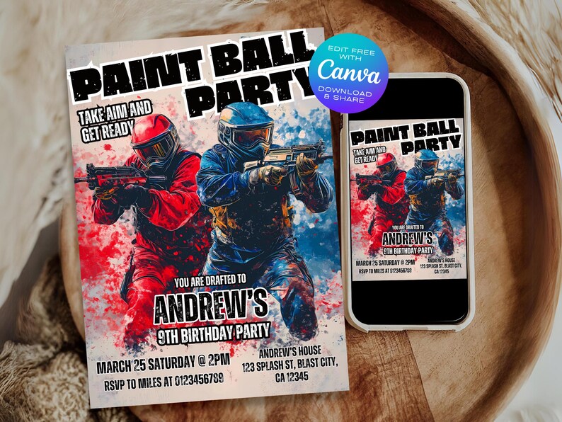 Editable Paintball Birthday Invitation, Airsoft Birthday Invite, Paint ...