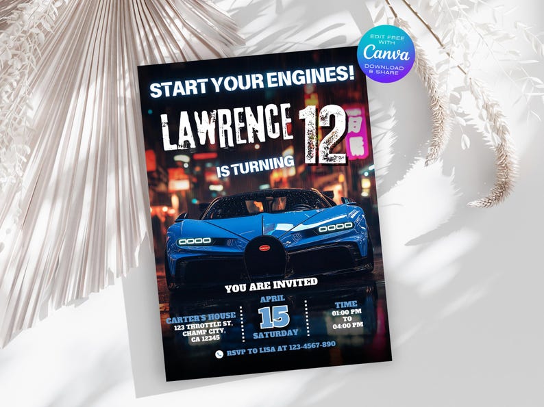 Editable Blue Sports Car Invitation, Bugatti Car Invitation, Bugatti ...