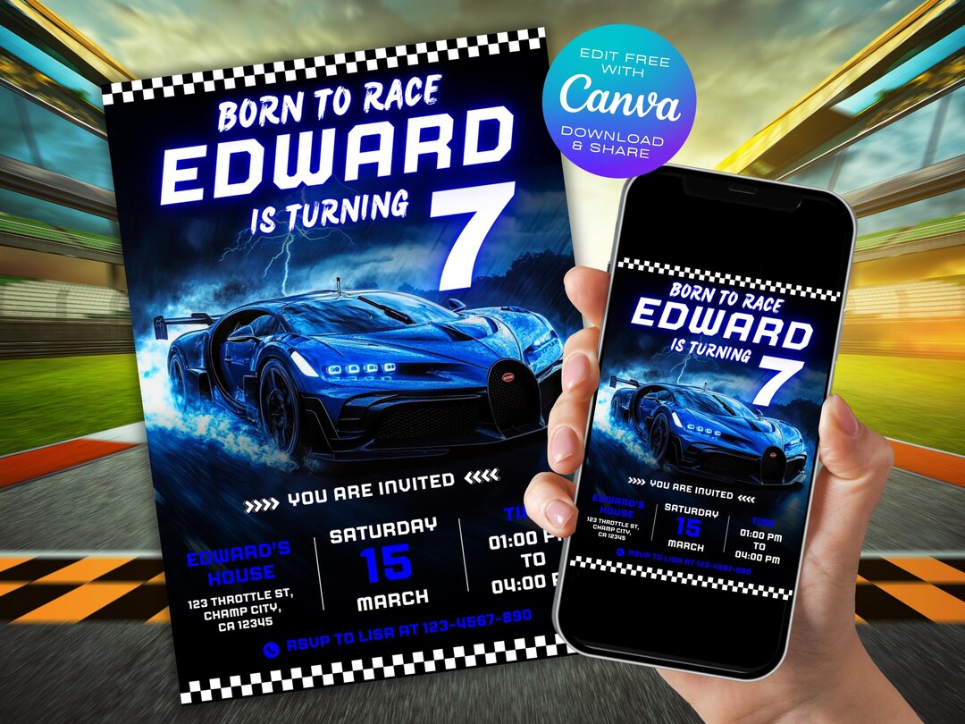 Editable Blue Sports Car Invitation, Boys Birthday Party Invitation ...