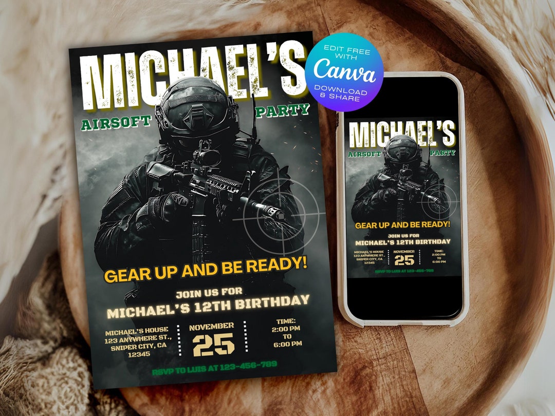 Editable Airsoft Birthday Invitation, Airsoft Party Invite, Boys ...