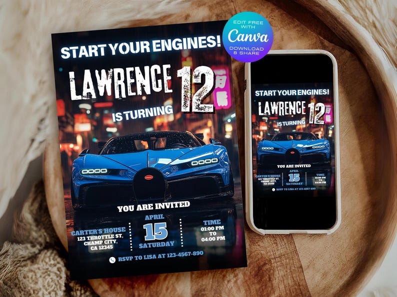 Editable Blue Sports Car Invitation, Bugatti Car Invitation, Bugatti ...