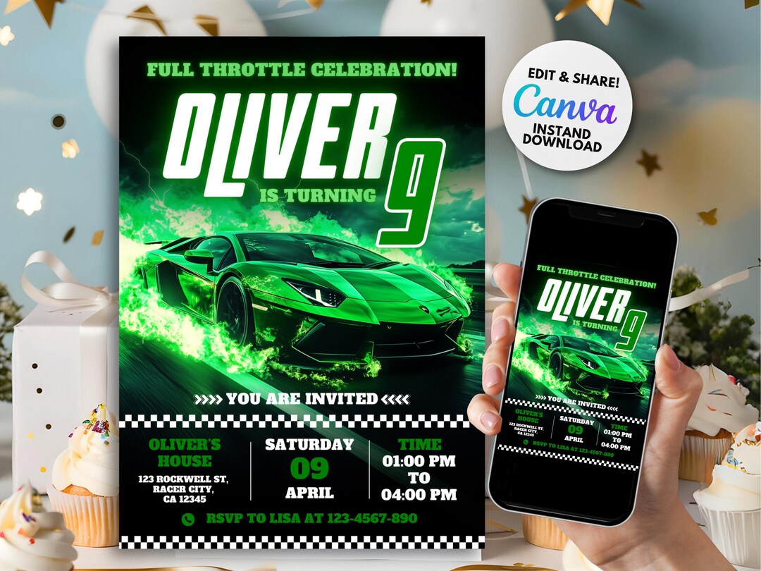 Editable Green Sports Car Invitation, Ferrari Car Invite, Race Car ...