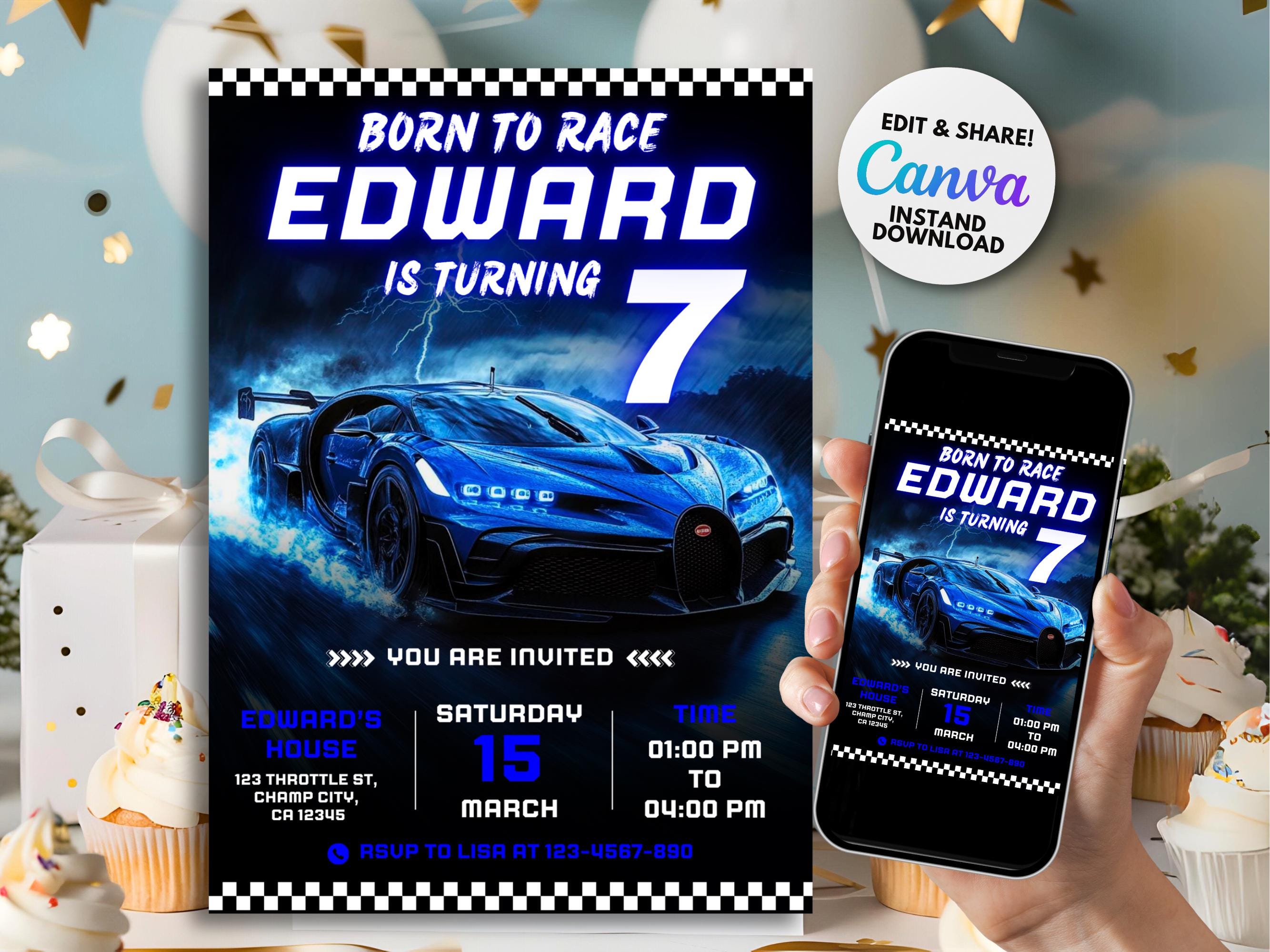 Editable Blue Sports Car Invitation, Boys Birthday Party Invitation ...