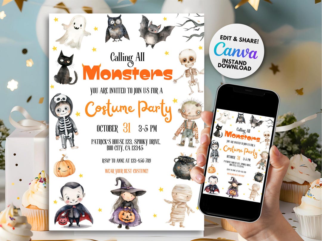 Cute Halloween Costume Party Invitation, Editable Halloween Invitation ...