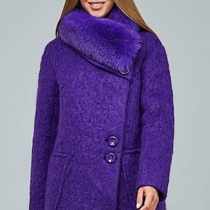 Purple Wool Coat With Arctic Fox Fur Collar Feminine Overcoat Пальто П ...