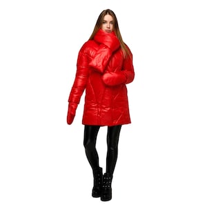 Red Puffer Jacket Women Winter Set 3-pieces Down Jacket Scarf Mittens ...