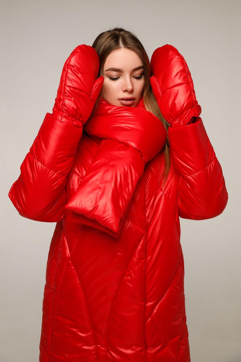 Red Puffer Jacket Women Winter Set 3-pieces Down Jacket Scarf Mittens ...