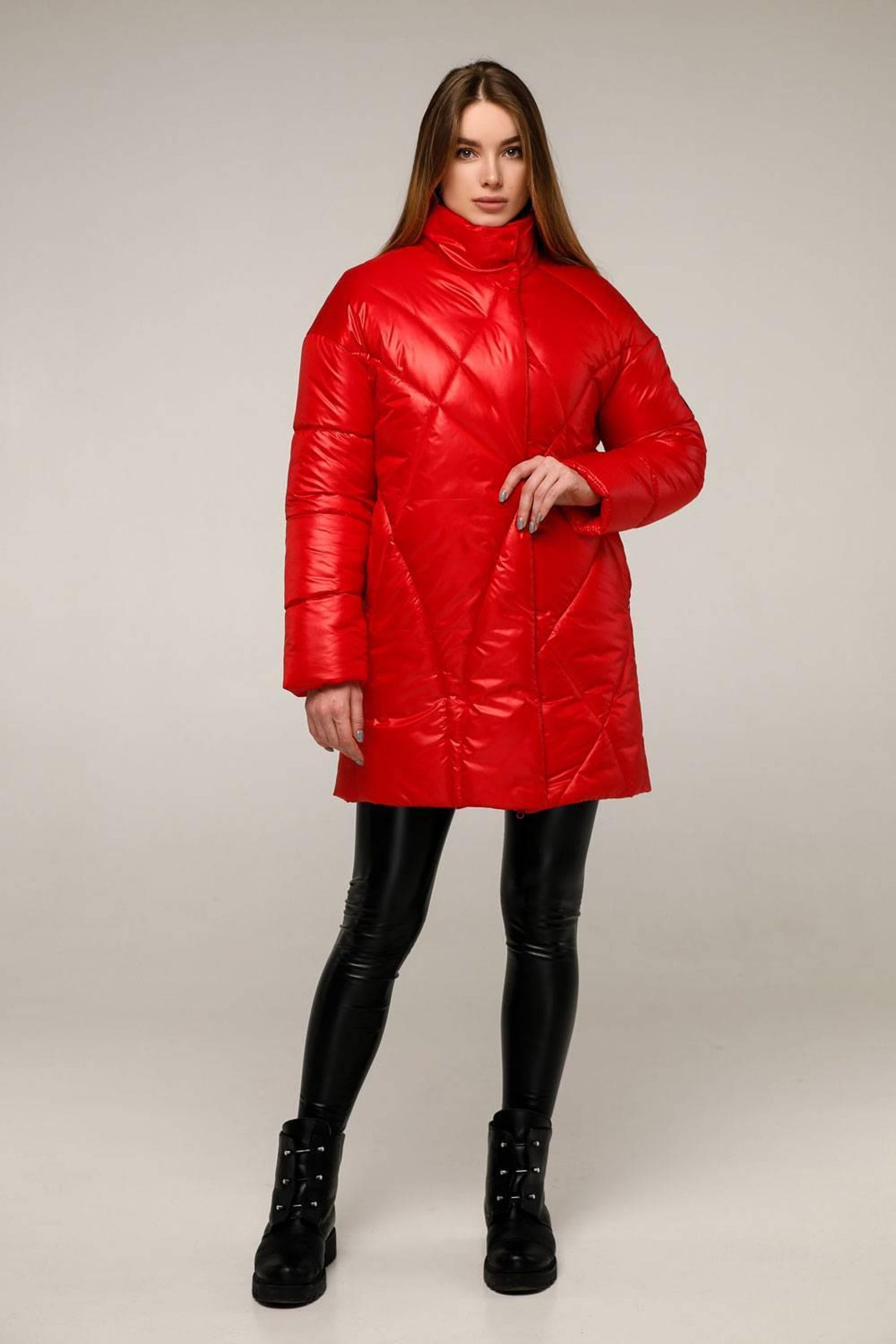 Red Puffer Jacket Women Winter Set 3-pieces Down Jacket Scarf Mittens ...