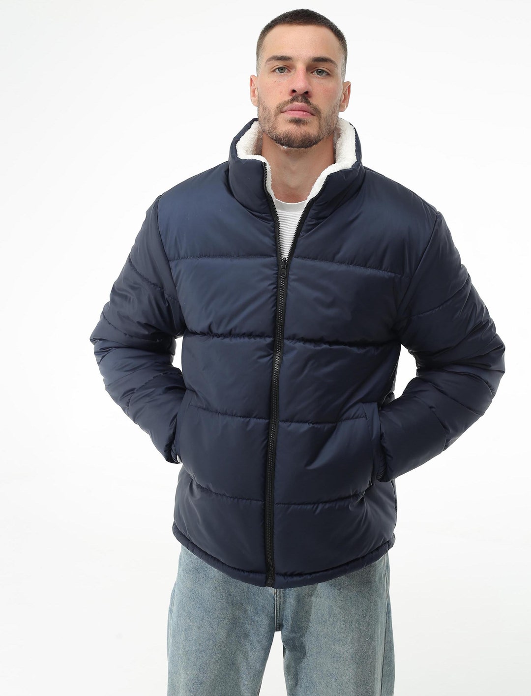 Men's Reversible Winter Down Jacket Quilted Waterproof Side and Faux ...