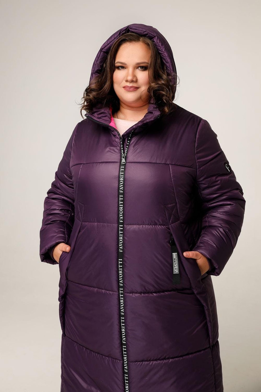 Purple Plus Size Hooded Puffer Coat Curvy Down Midi Jacket Пуховик ПВ ...