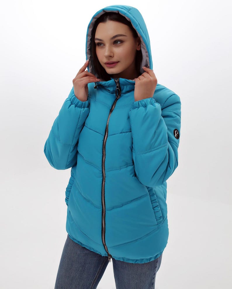 Blue Puffer Jacket Women Turquoise Puffy Hooded Coat Waterproof and ...